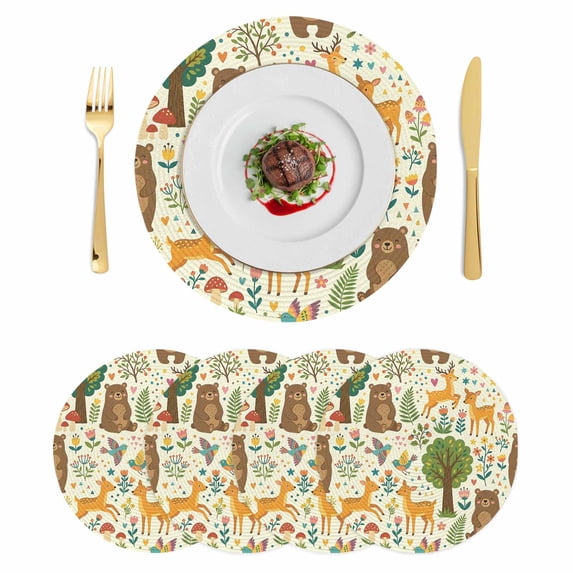 Beige Forest Animals Round 13 Inch Placemats Set of 4, Cartoon Sika ...