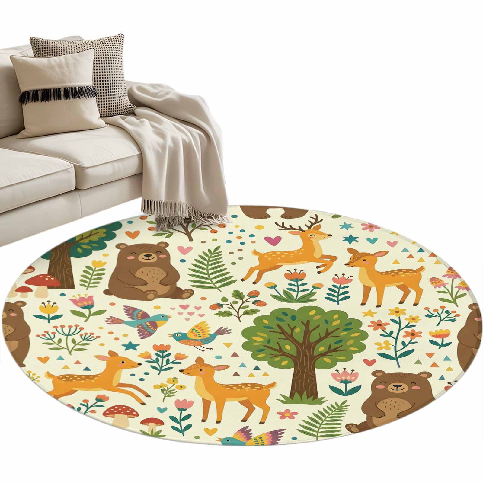 Beige Forest Animals Round Rug 3.3ft Washable Circle Entryway Rugs Non ...