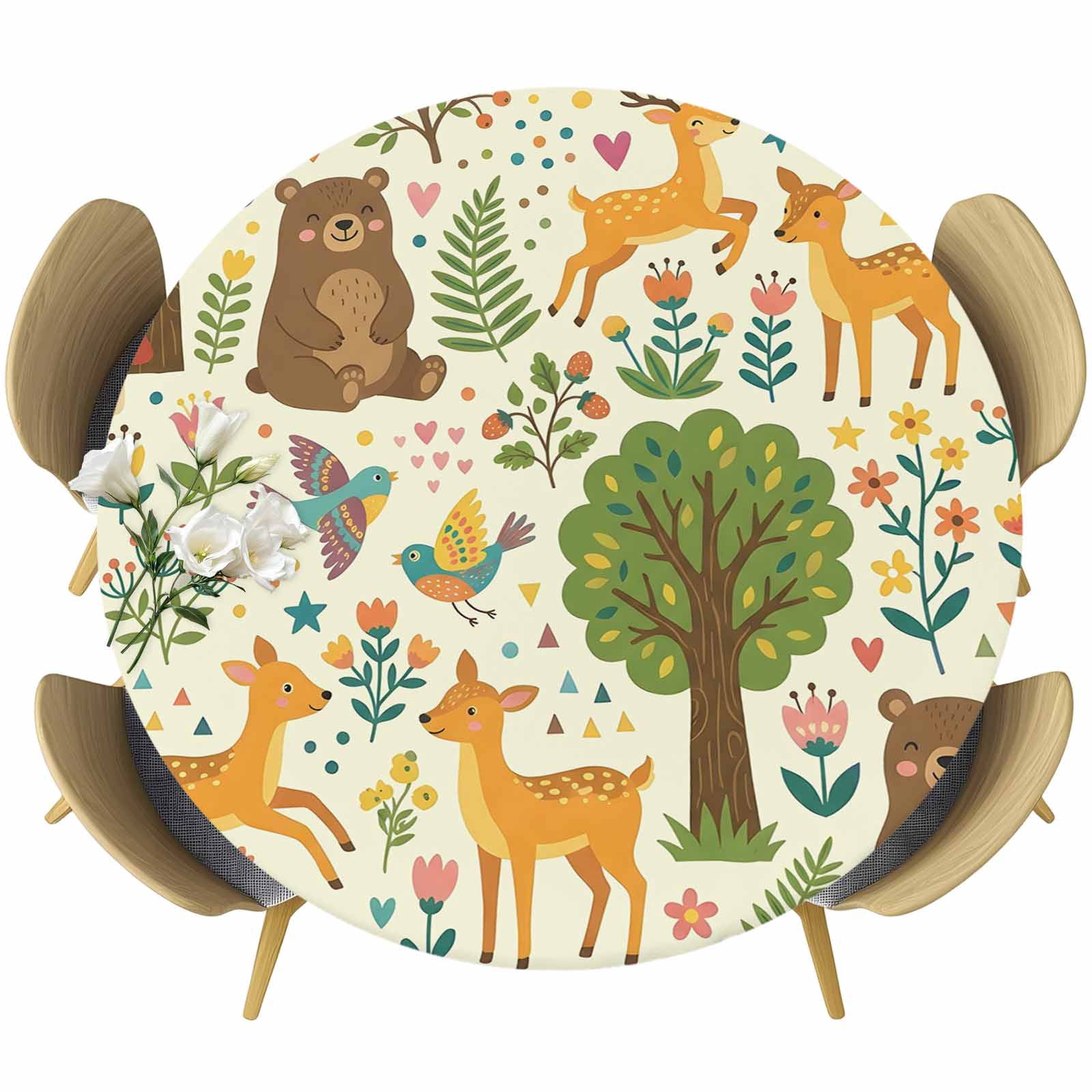 Beige Forest Animals Round Tablecloth 55-60 Inch Round Fitted Table ...