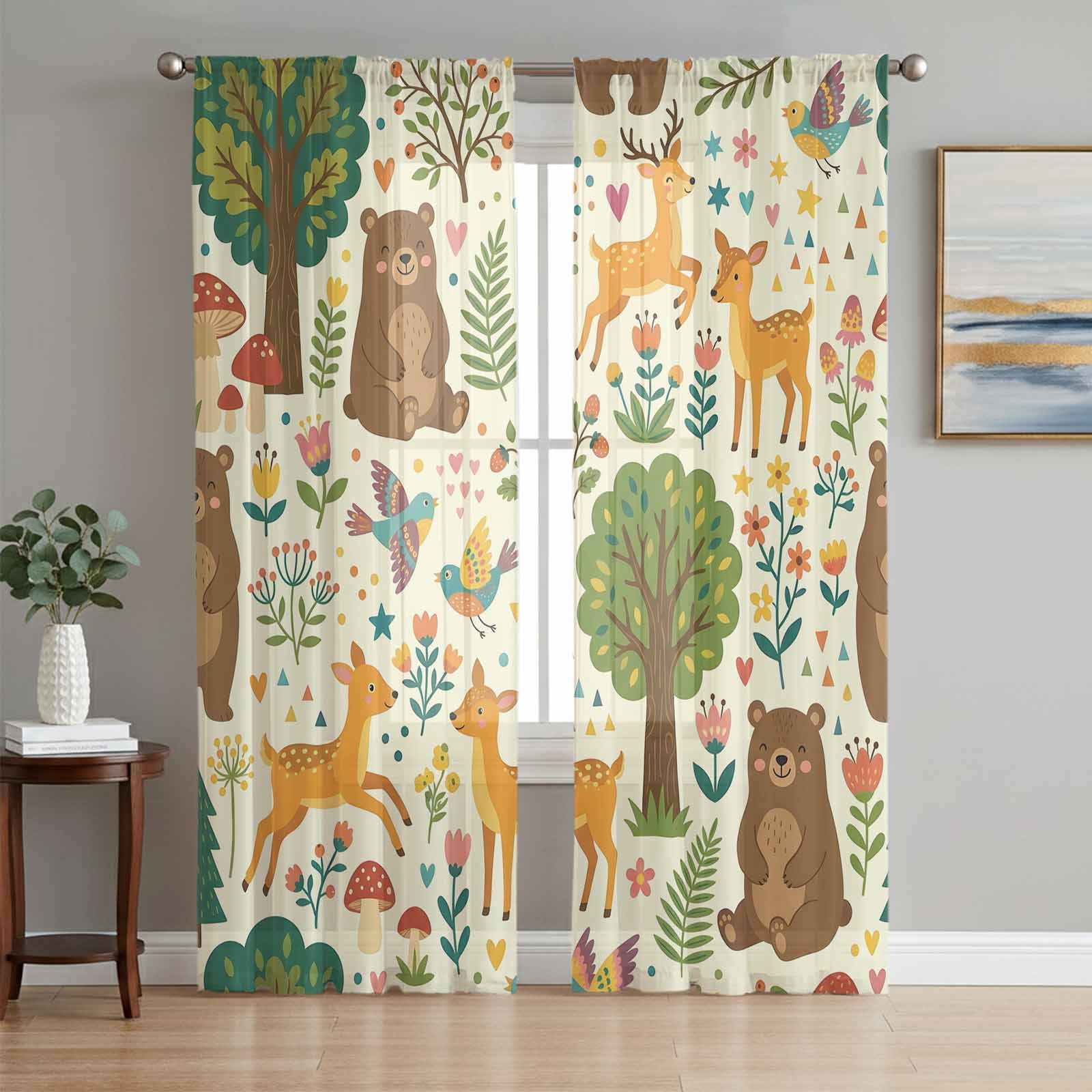 Beige Forest Animals Sheer Curtains for Living Room Bedroom Cartoon ...