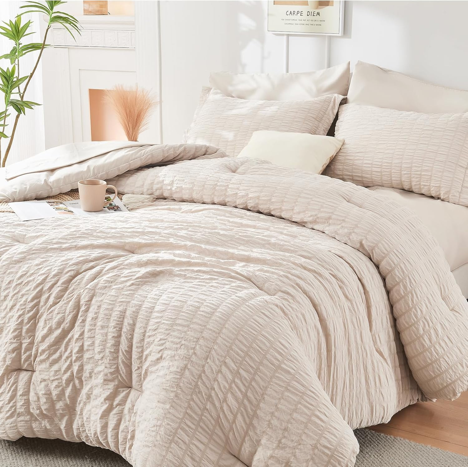Beige Full Size Comforter Sets Seersucker 7 Pieces, All Season Luxury ...