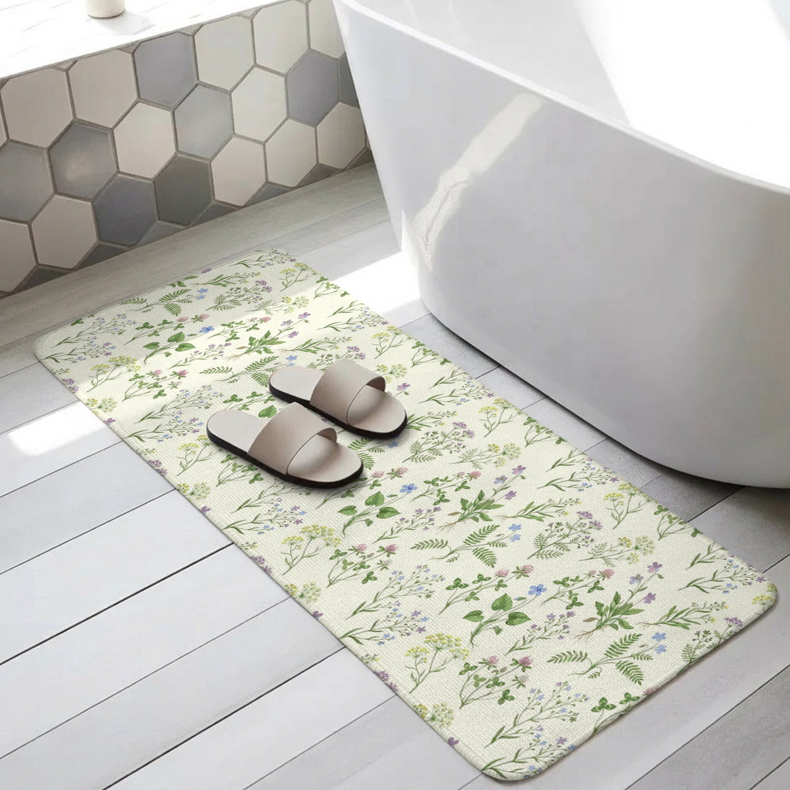 Beige Garden Botanical Bathroom Runner Rugs Non Slip Washable Absorbent ...