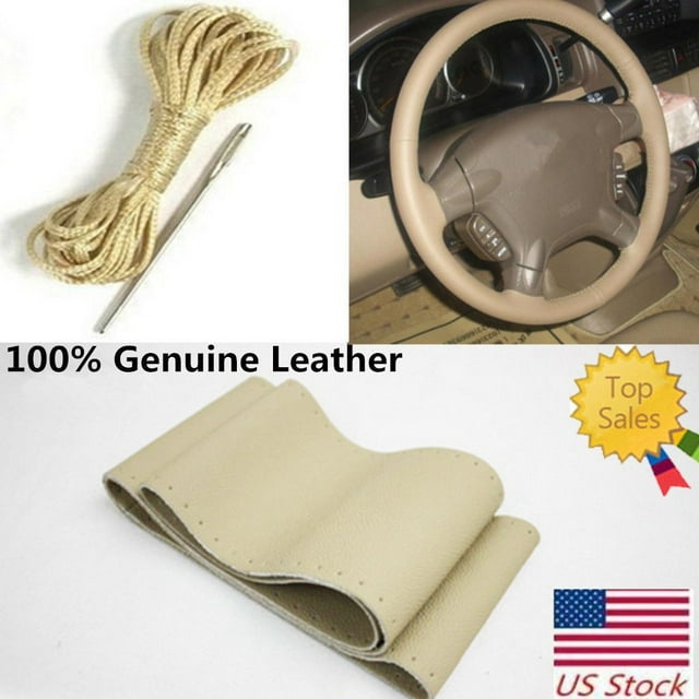 Beige Genuine Leather Steering Wheel Cover Wrap Sew-on 14.5"-15" Kit ...