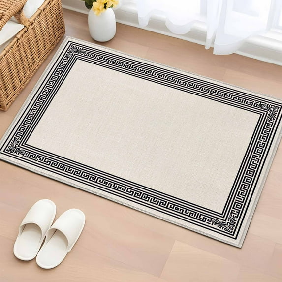 Beige Geometric 2x3 Door Mat Rug, Black Greek Key Design Burlap Modern ...