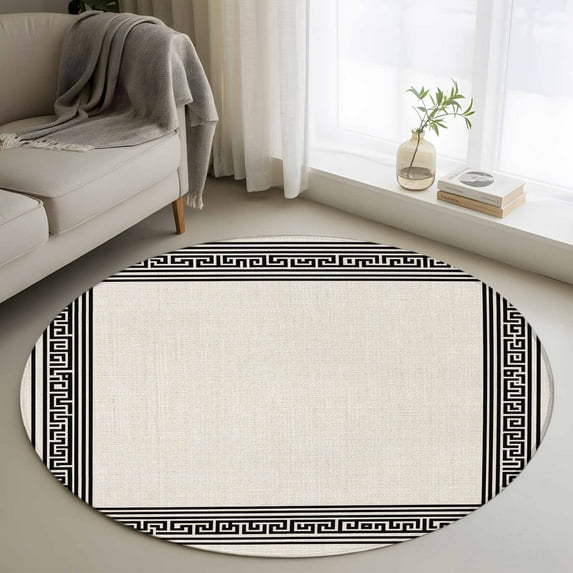 Beige Geometric 3.3ft Round Rug, Black Greek Key Design Burlap Modern ...
