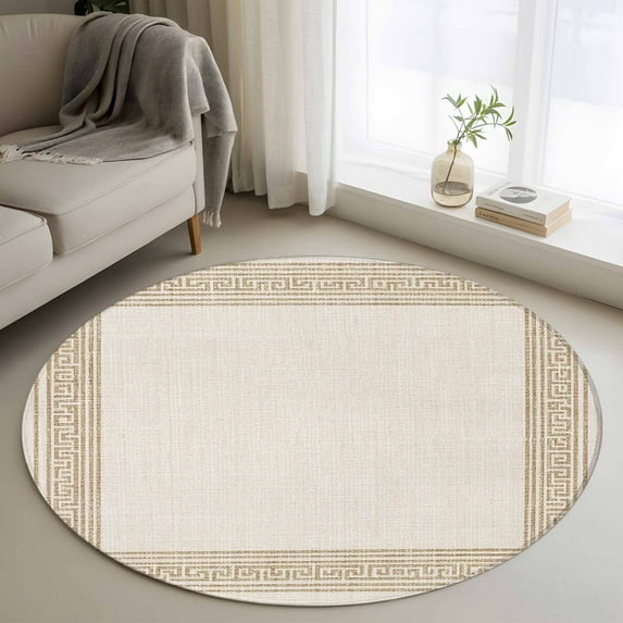 Beige Geometric 3ft Round Rug, Brown Greek Key Design Burlap Modern Art ...