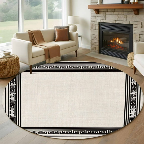 Beige Geometric 5ft Round Rug, Black Greek Key Design Burlap Modern Art ...