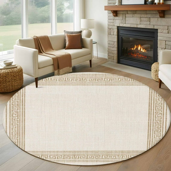 Beige Geometric 7ft Round Rug, Brown Greek Key Design Burlap Modern Art ...
