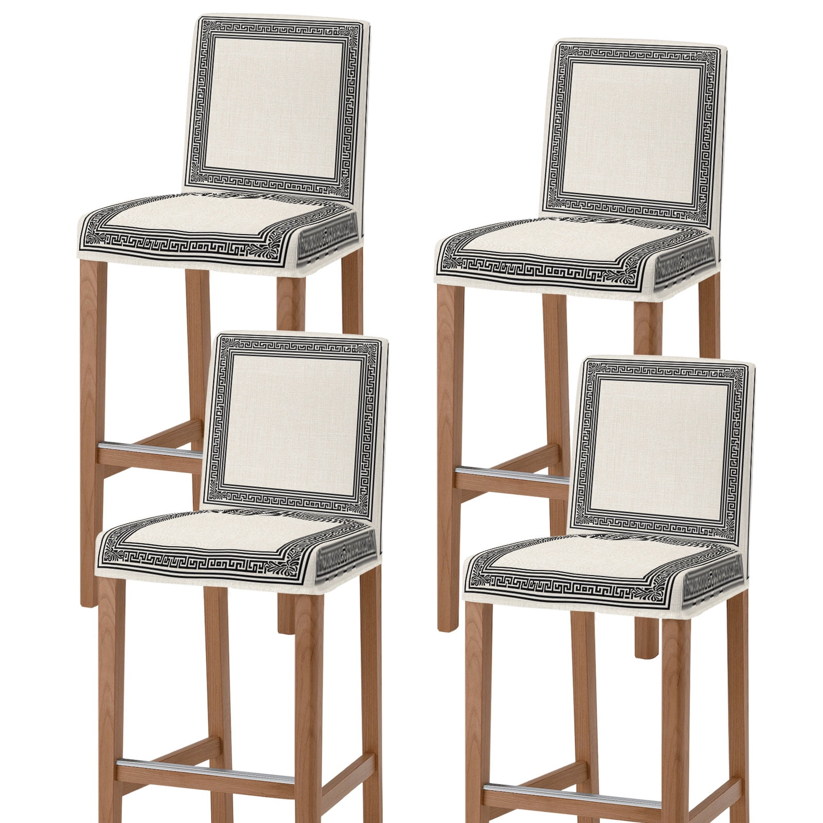 Beige Geometric Bar Stool Cover Set of 4, Black Greek Key Design Burlap ...