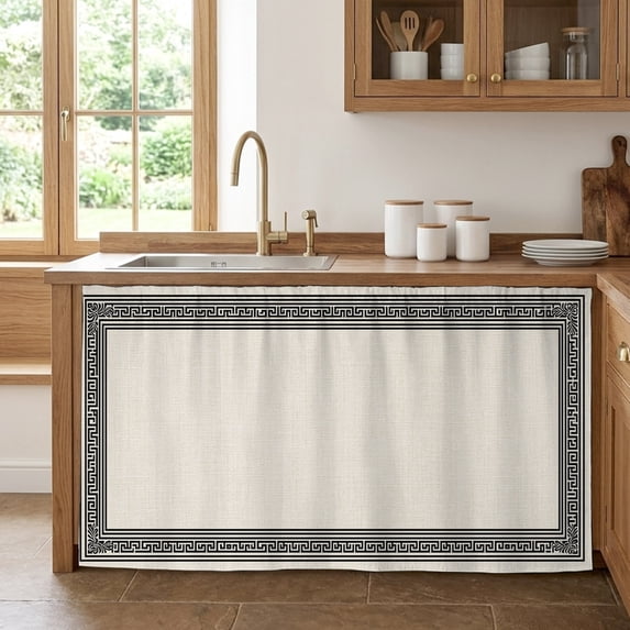 Beige Geometric Cabinet Curtains 32"W x 55"L, Black Greek Key Design ...