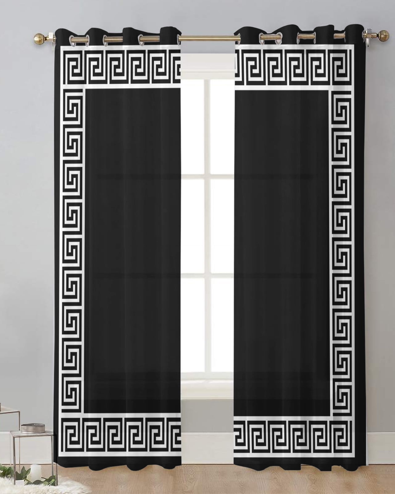 Beige Geometric Greek Key Design Pattern Tulle Living Room ration ...