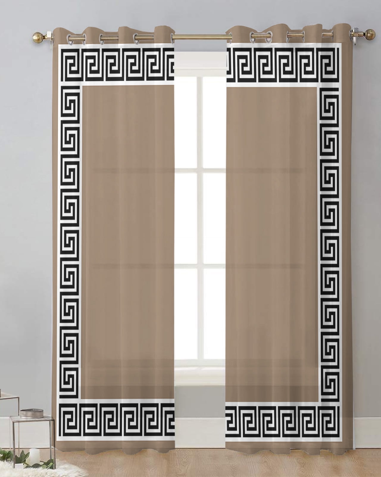 Beige Geometric Greek Key Design Pattern Tulle Living Room ration ...