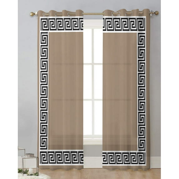Beige Geometric Greek Key Design Pattern Tulle Living Room ration ...