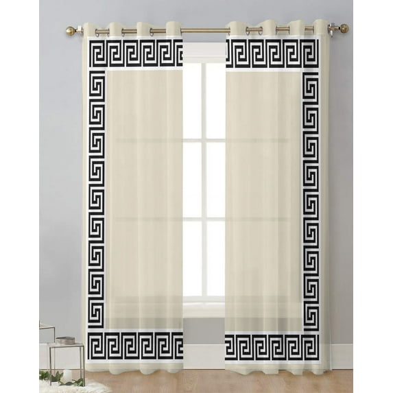 Beige Geometric Greek Key Design Pattern Tulle Living Room ration ...