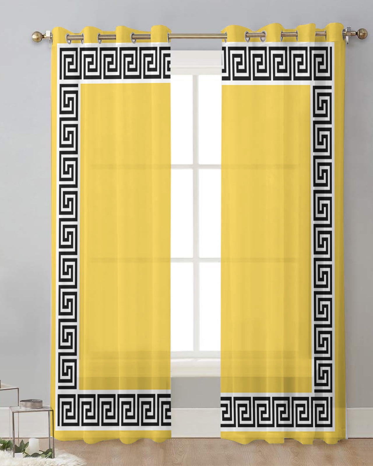 Beige Geometric Greek Key Design Pattern Tulle Living Room ration ...
