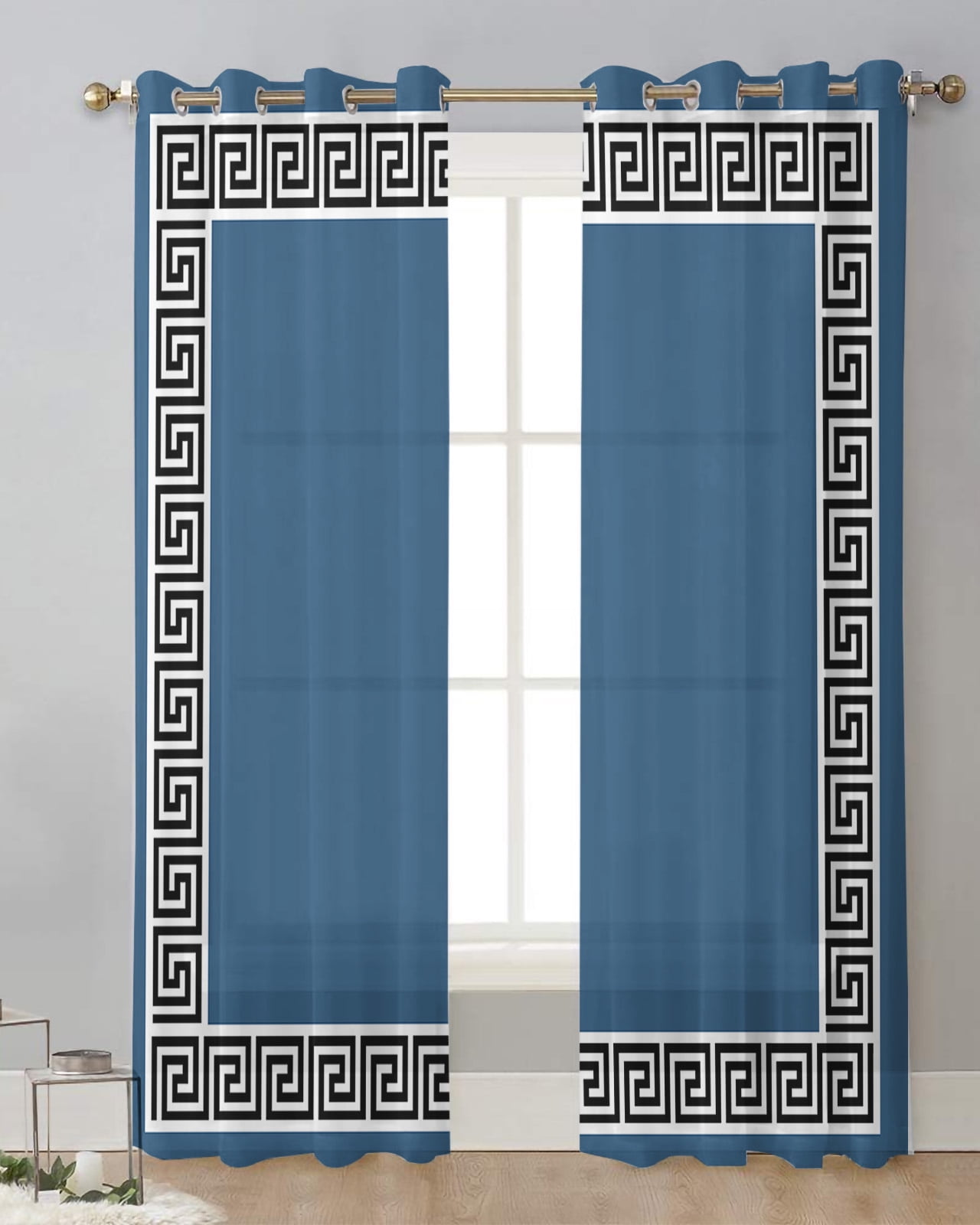 Beige Geometric Greek Key Design Pattern Tulle Living Room ration ...