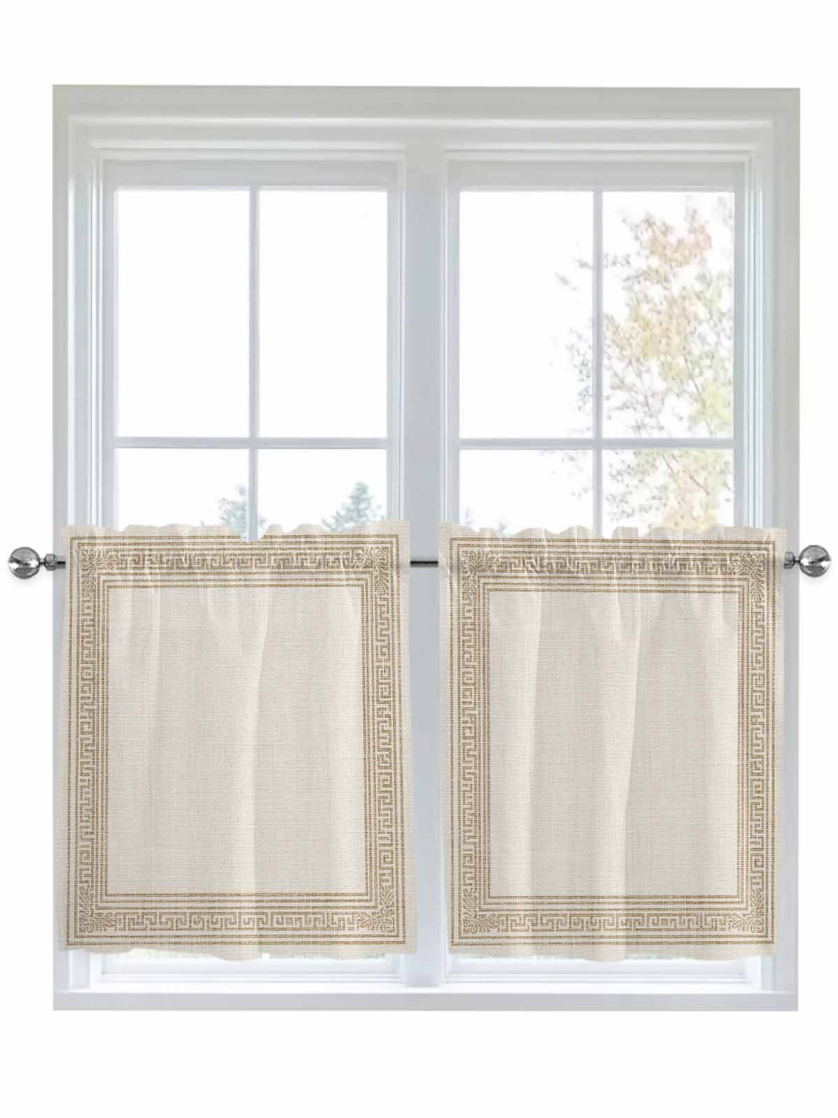 Beige Geometric Half Window Curtain 36 Inches Long, Brown Greek Key ...