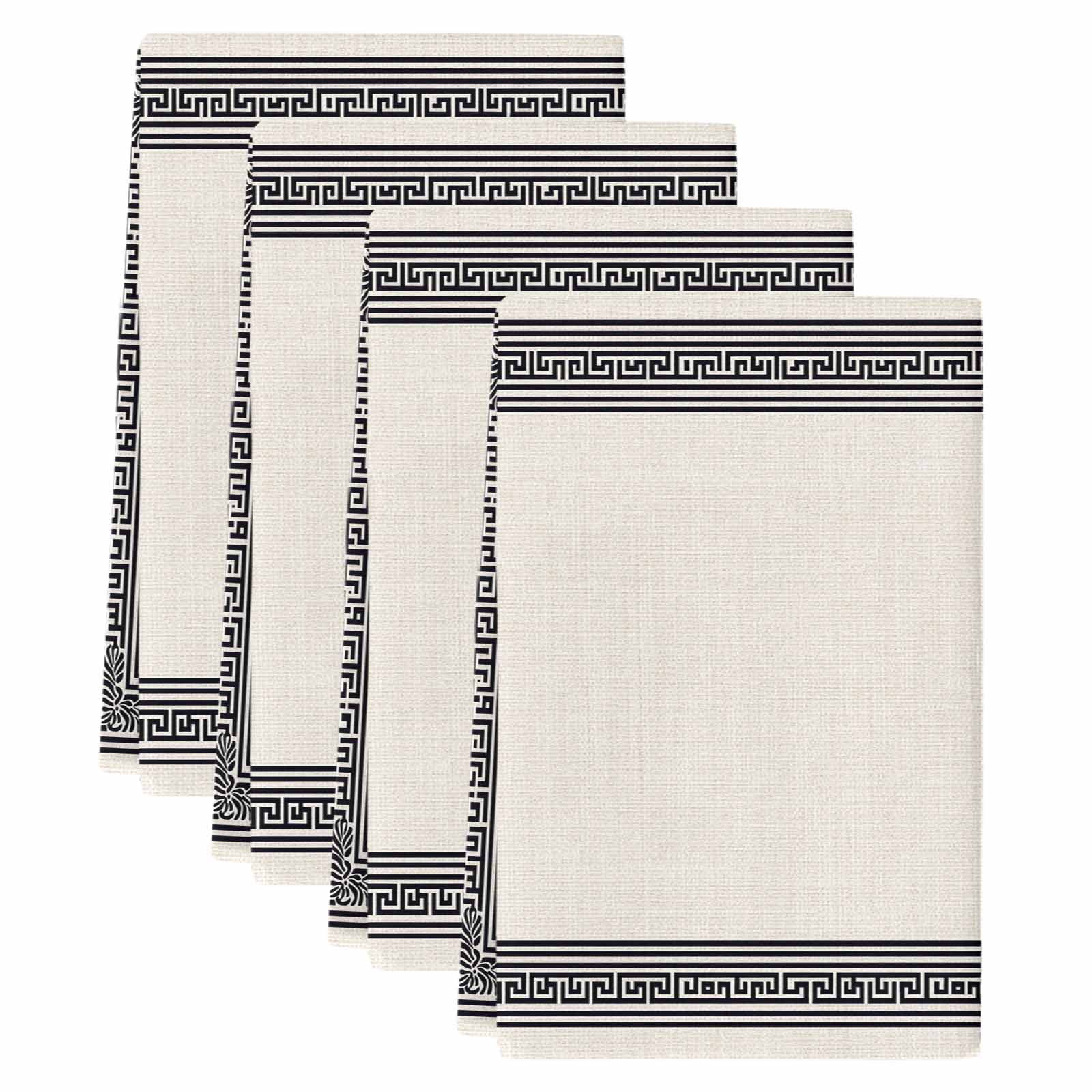 Beige Geometric Kitchen Towels Set of 4, Black Greek Key Design Burlap ...
