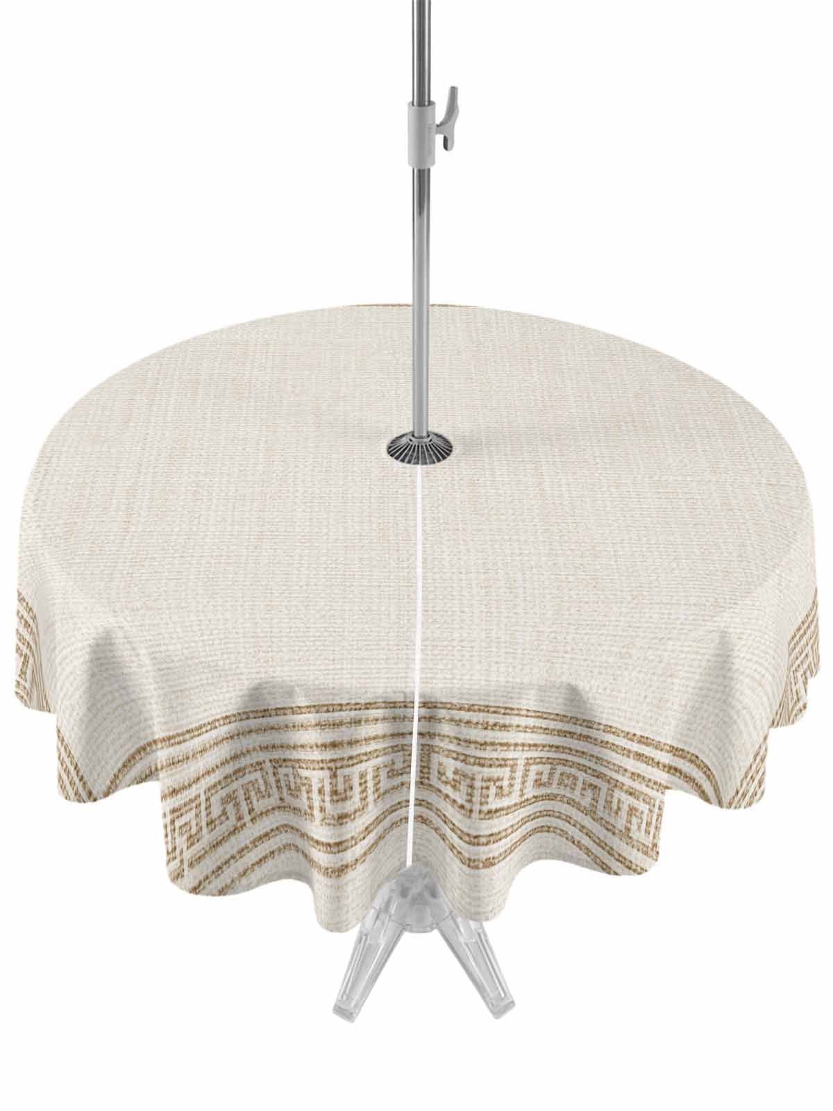 Beige Geometric Outdoor Tablecloth with Umbrella Hole, Brown Greek Key ...