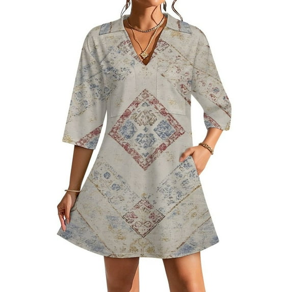 Beige Geometric Pattern Design Womens Dress With Pockets Summer V Neck ...