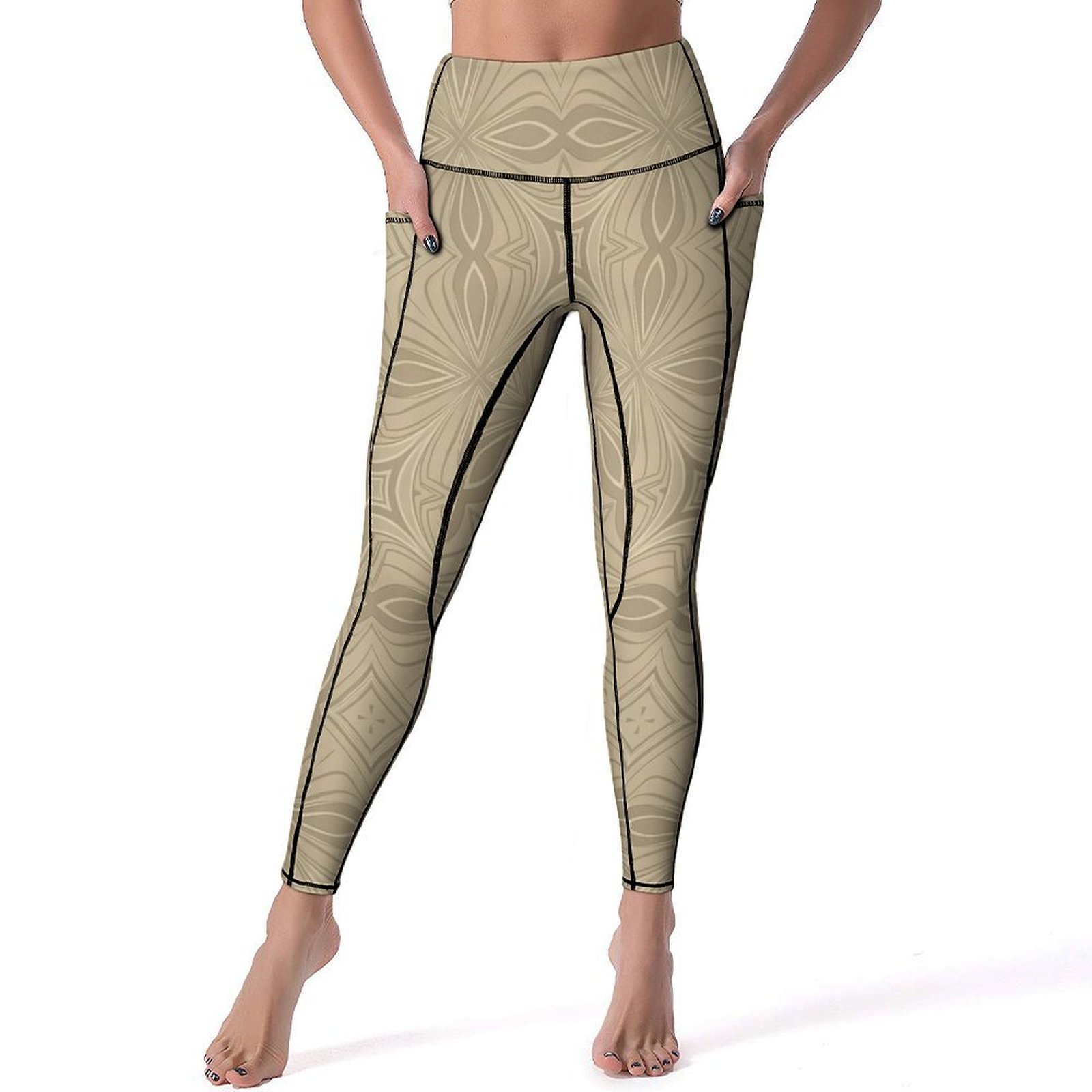 Beige Geometric Pattern Leggings Fitness Gym Yoga Pants High Waist ...