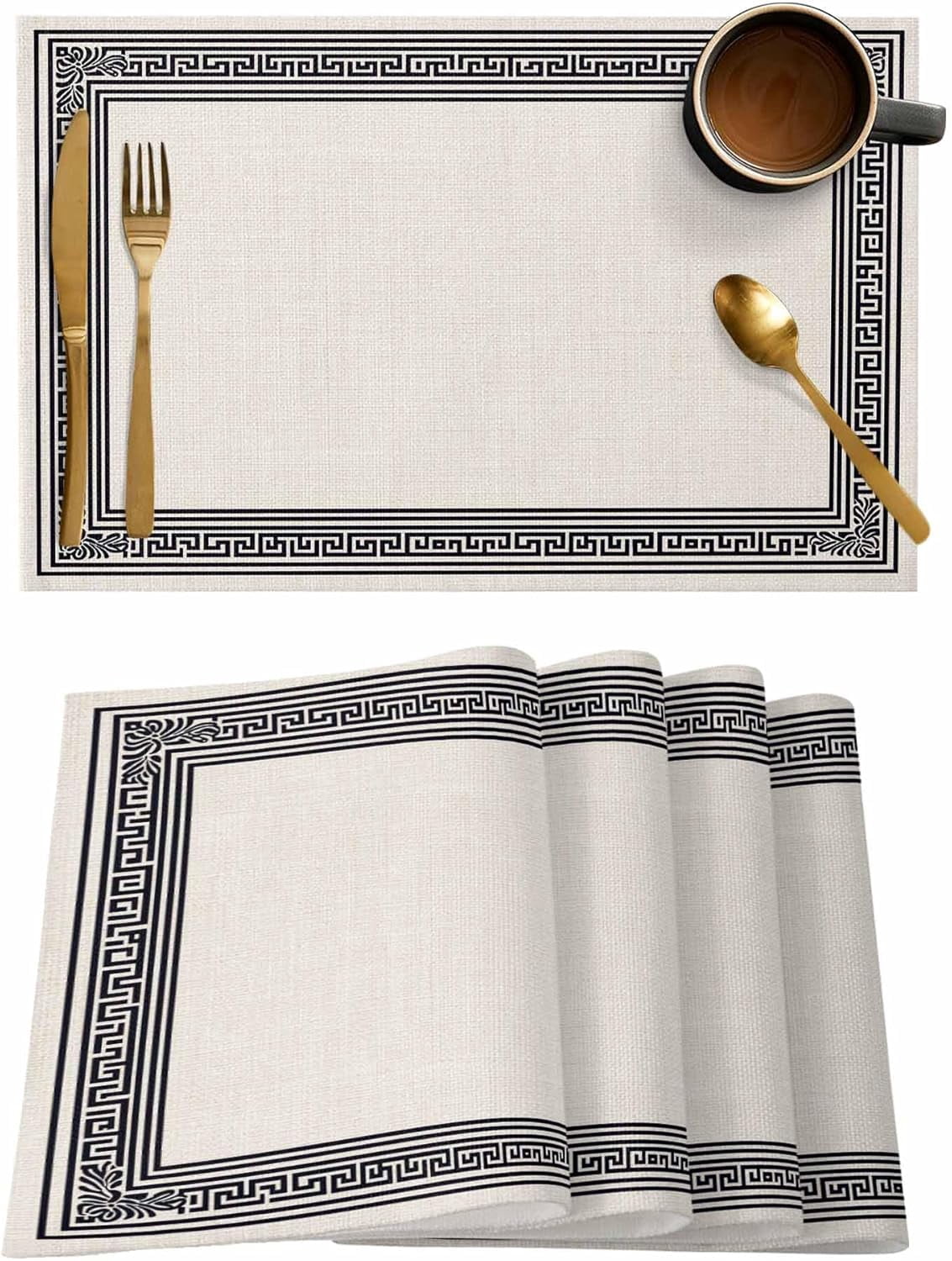 Beige Geometric Placemats Set of 6, Black Greek Key Design Placemats ...