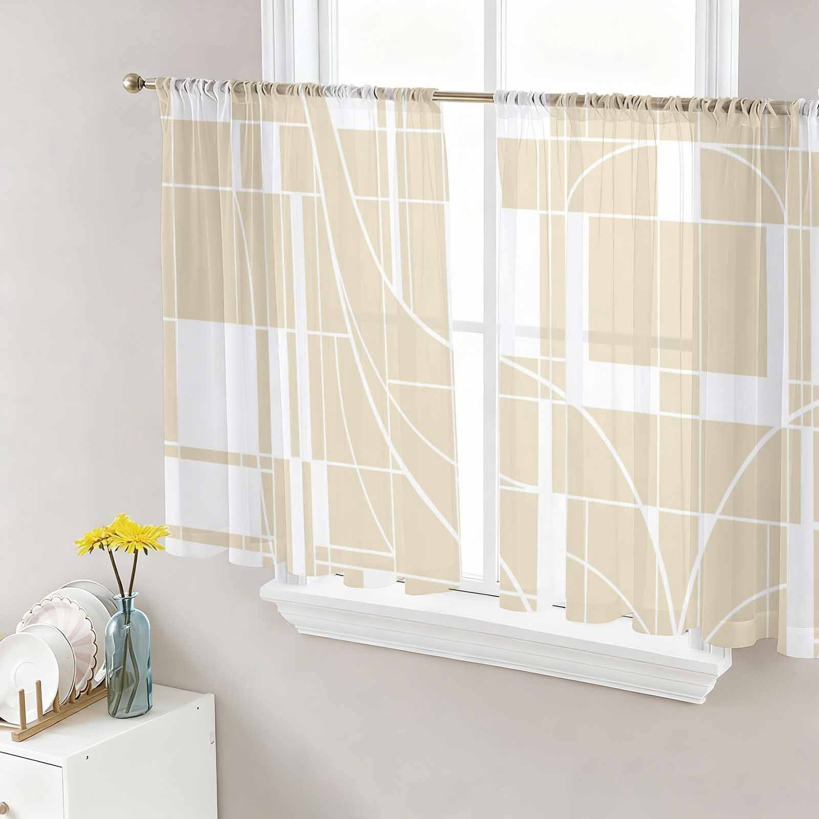 Beige Geometric Sheer Curtains for Living Room Bedroom Modern Abstract ...