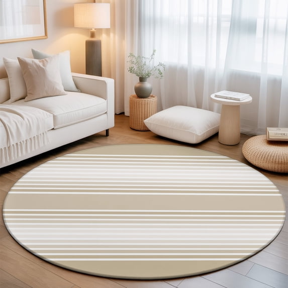 Beige Geometric Stripes Round Rug 5ft Light Gradient Lines Washable ...