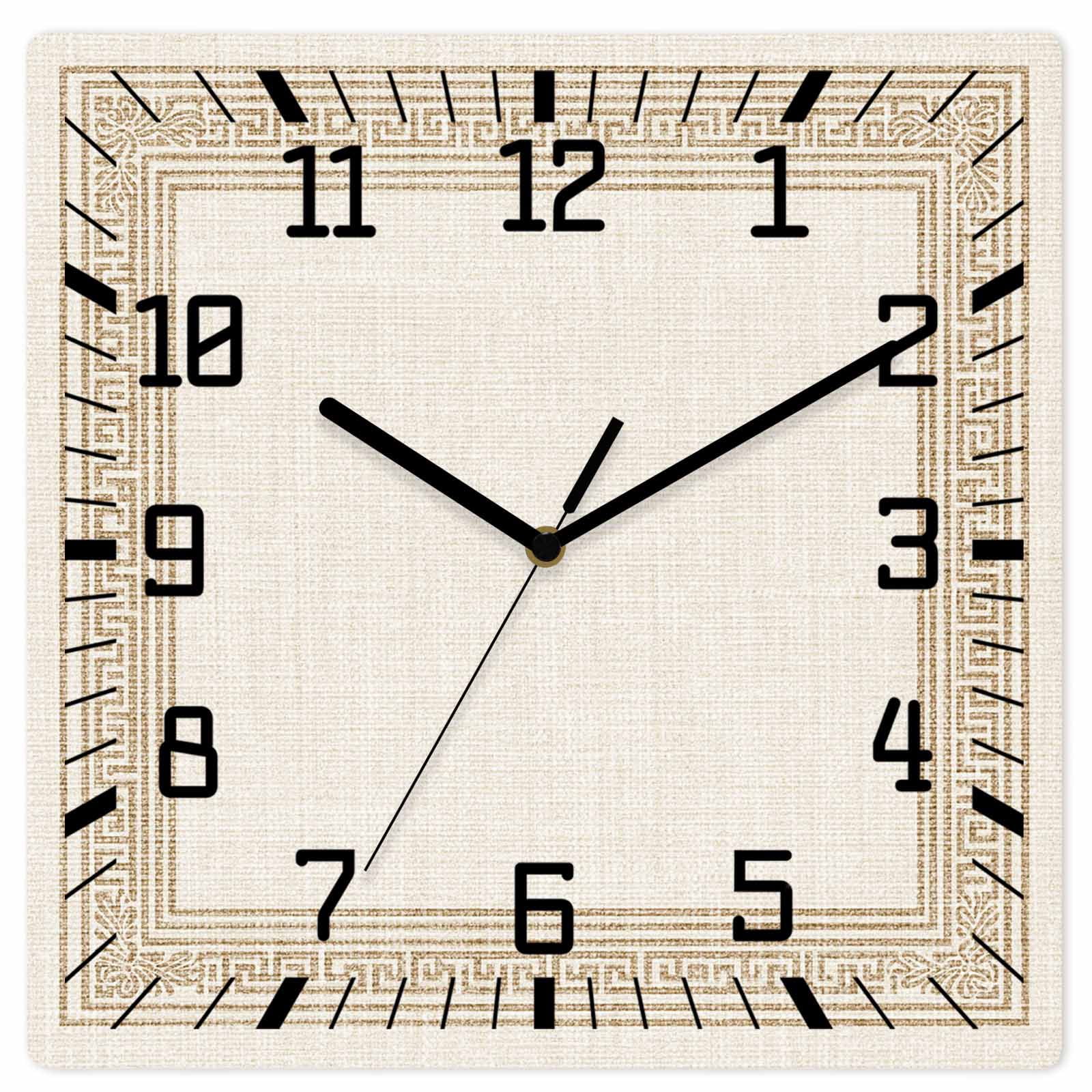 Beige Geometric Wooden Wall Clock Silent Non Ticking, Brown Greek Key ...