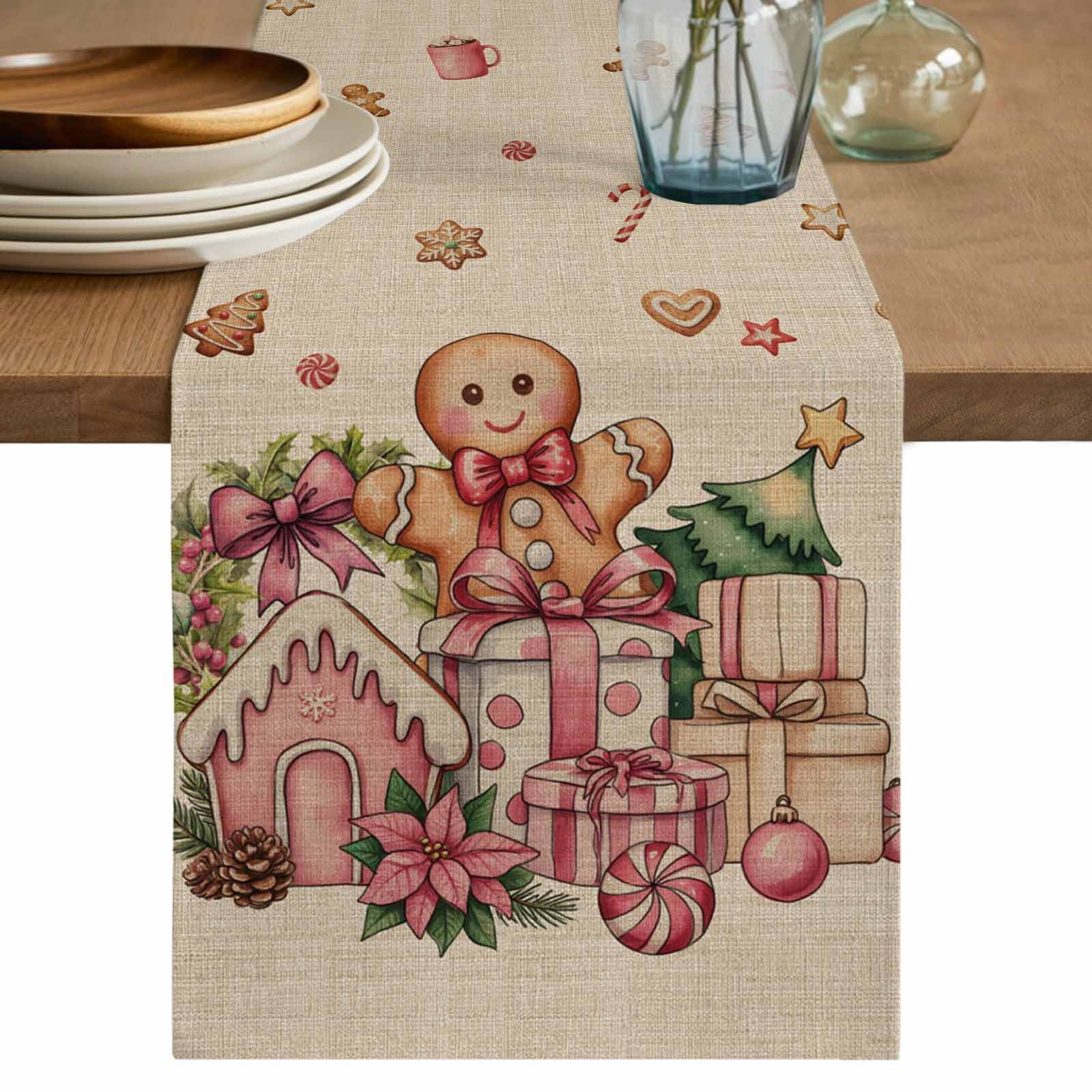 Beige Gingerbread Christmas Table Runner 48 Inches, Xmas Tree Gift ...