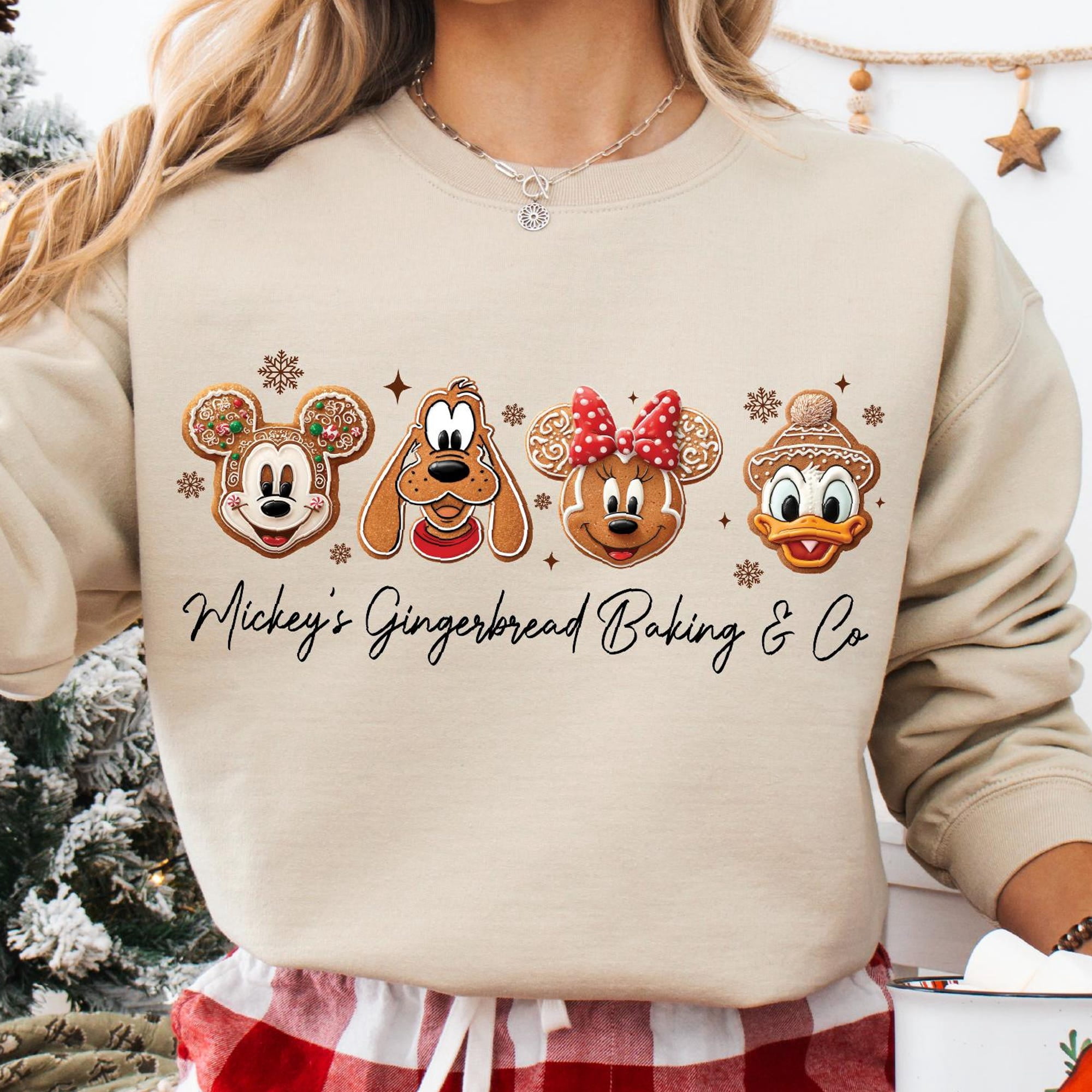 Beige Gingerbread Mickey Mouse Sweatshirt with Holiday Snowflakes ...