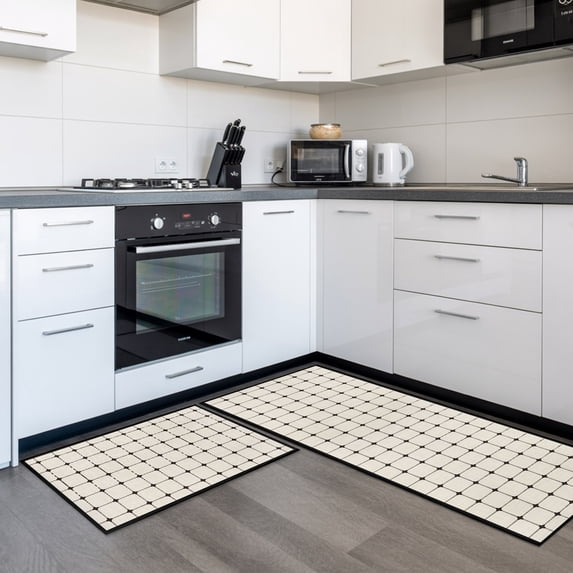 Beige Gingham 2 Pieces Non-Slip Kitchen Mat Set, Modern Minimalist ...