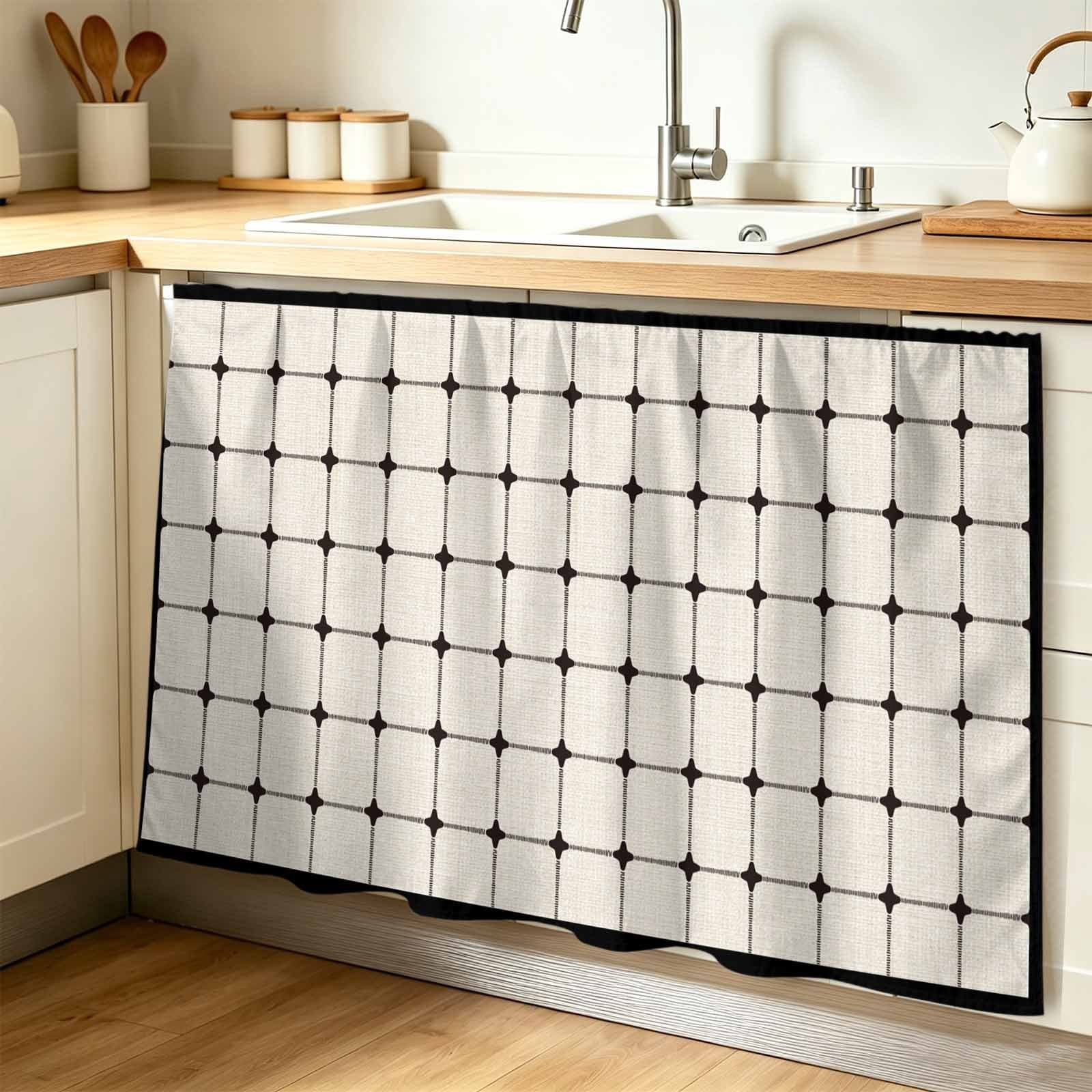 Beige Gingham Cabinet Curtain, Modern Minimalist Black Line Grid Points ...