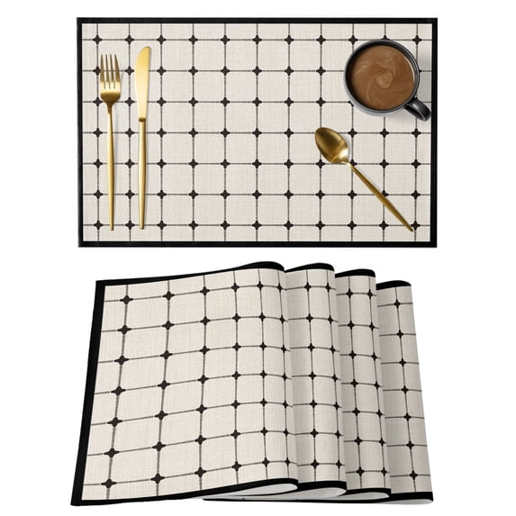 Beige Gingham Cotton Linen Placemats Set of 12, Modern Minimalist Black ...