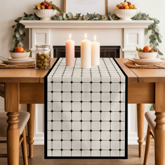 Beige Gingham Dining Table Runner, Modern Minimalist Black Line Grid ...
