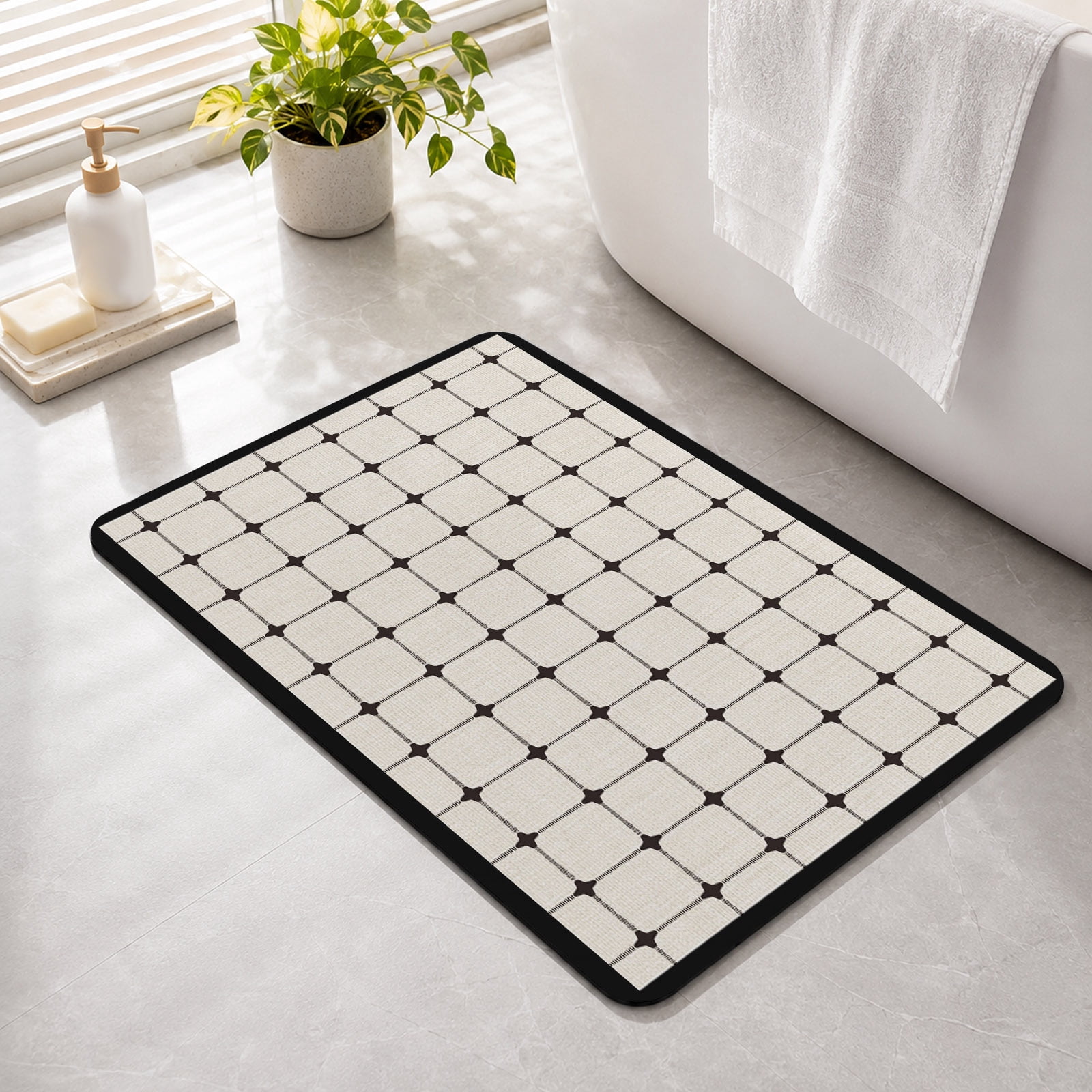 Beige Gingham Non Slip Bathroom Mat, Modern Minimalist Black Line Grid ...