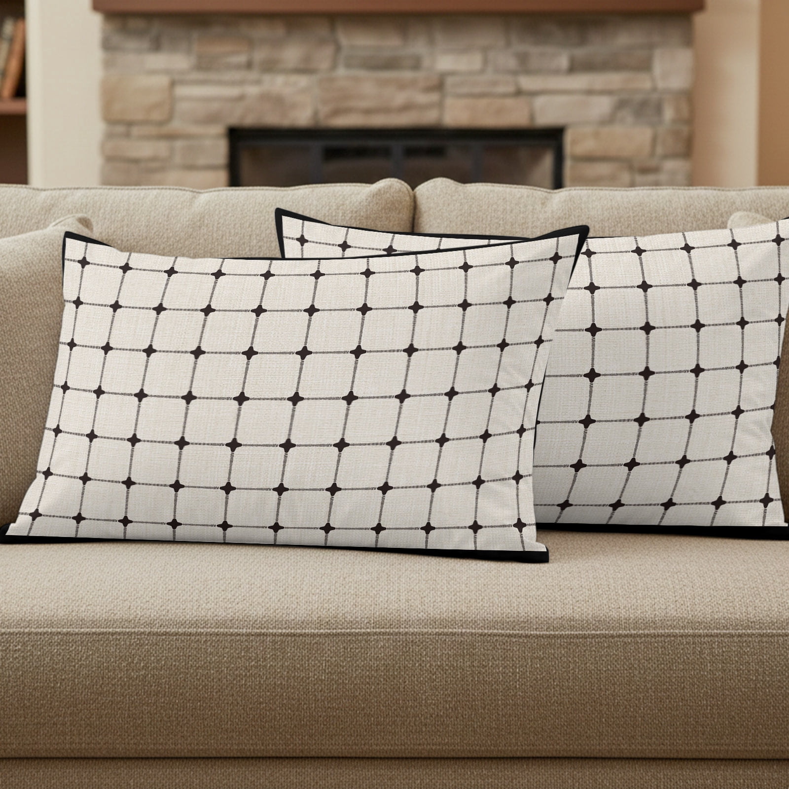 Beige Gingham Pillow Covers Set of 2, Modern Minimalist Black Line Grid ...