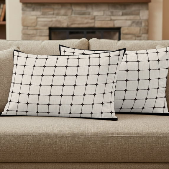 Beige Gingham Pillow Covers Set of 2, Modern Minimalist Black Line Grid ...