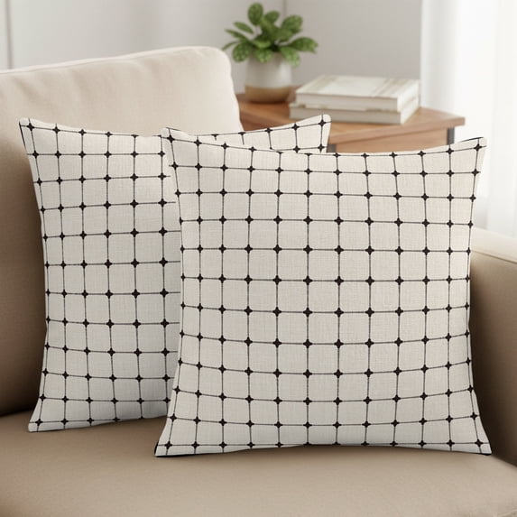 Beige Gingham Pillow Covers Set of 2, Modern Minimalist Black Line Grid ...