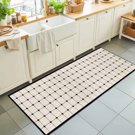 Beige Gingham Washable Runner Rugs 2'x6', Modern Minimalist Black Line ...