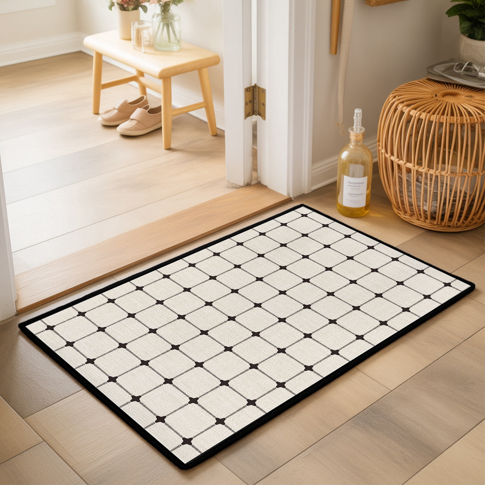 Beige Gingham Washable Small Entryway Area Rugs 2'x3', Modern ...