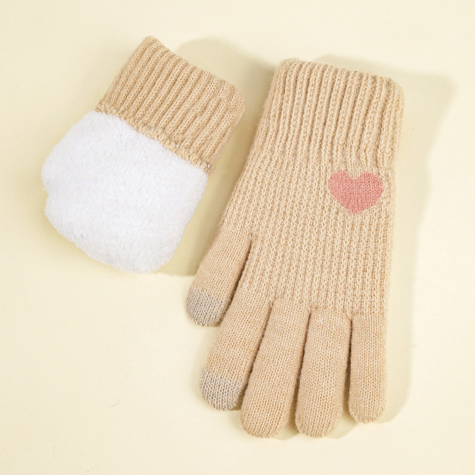 Beige Gloves Mittens for Women Men Winter Knit Gloves Warm Full Fingers ...