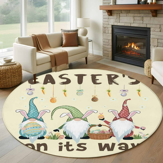 Beige Gnomes Easter Round Rug 5ft Washable Circle Kitchen Rugs Non Slip ...