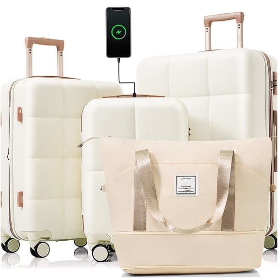Beige Gold 4-Piece Luggage Set with USB Port, Expandable ABS Hardshell ...