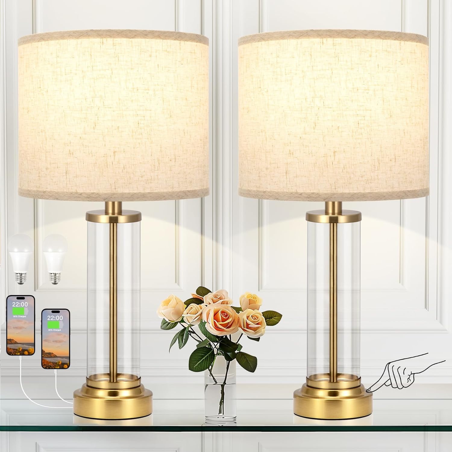 Gold Bedroom Lamps Set of 2 - Touch Bedside Lamp for Night Stands with ...