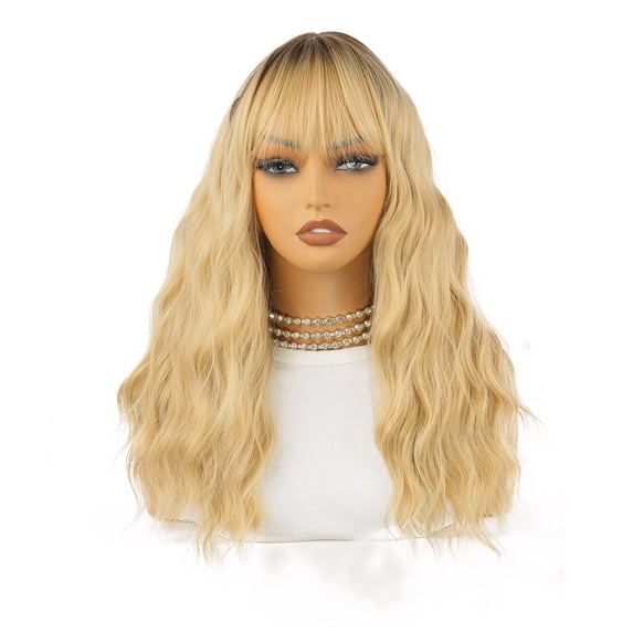 Beige-Gold Gradient Curly Wigs for Women - Shoulder-Length with Bangs ...
