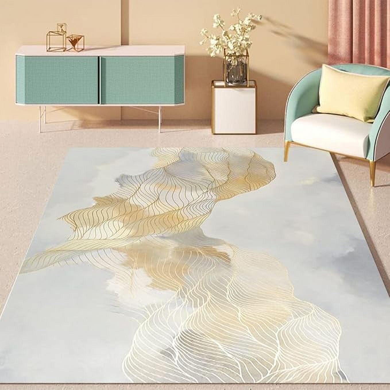 Beige Gold Striped Pattern Modern Abstract Area Rug Non-Shedding Art ...