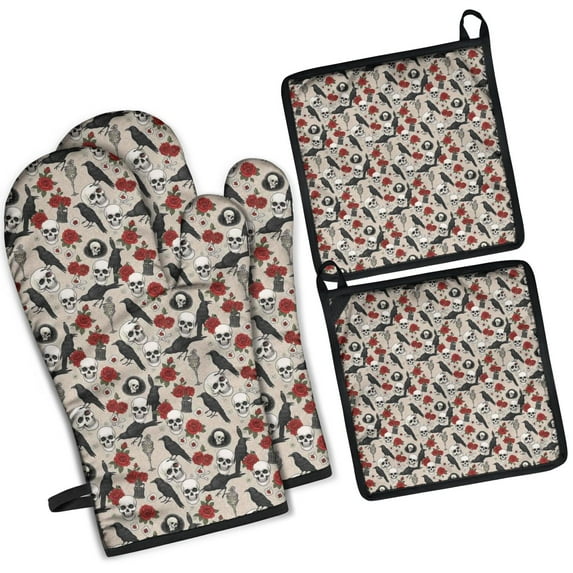 Beige Gothic Skull Rose Crow Pattern Kitchen Oven Mitt and Pot Holder ...