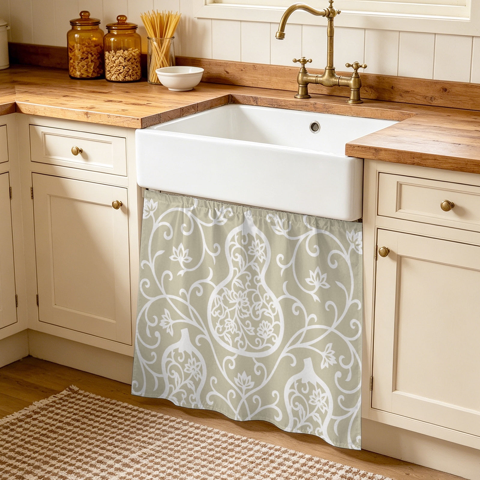Beige Gourd Cabinet Curtains 35"W x 35"L, Modern Abstract Art Floral ...