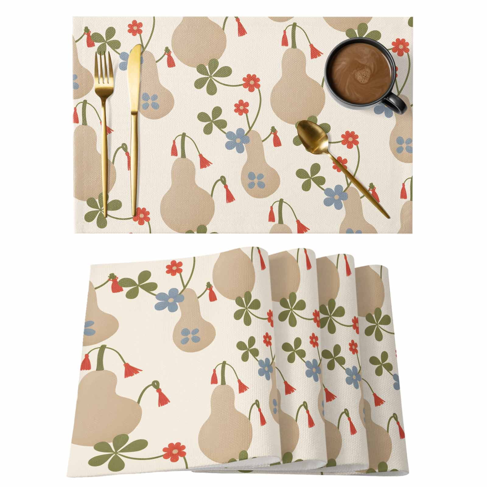 Beige Gourd Placemats Set of 12 Spring Floral Farmhouse Botanical Place ...